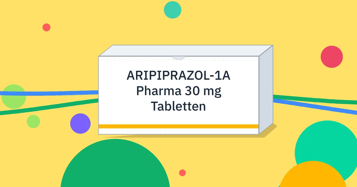 Symbolbild: Packung mit der Aufschrift ARIPIPRAZOL-1A Pharma 30 mg Tabletten (PZN 11286347) – Verfügbarkeit und Bezug in Apotheken in Frankfurt am Main