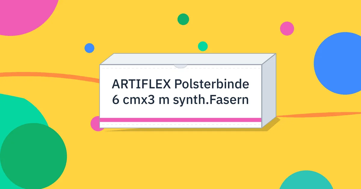 Symbolbild: Packung mit der Aufschrift ARTIFLEX Polsterbinde 6 cmx3 m synth.Fasern (PZN 12654824) – Verfügbarkeit und Bezug in Apotheken in Frankfurt am Main