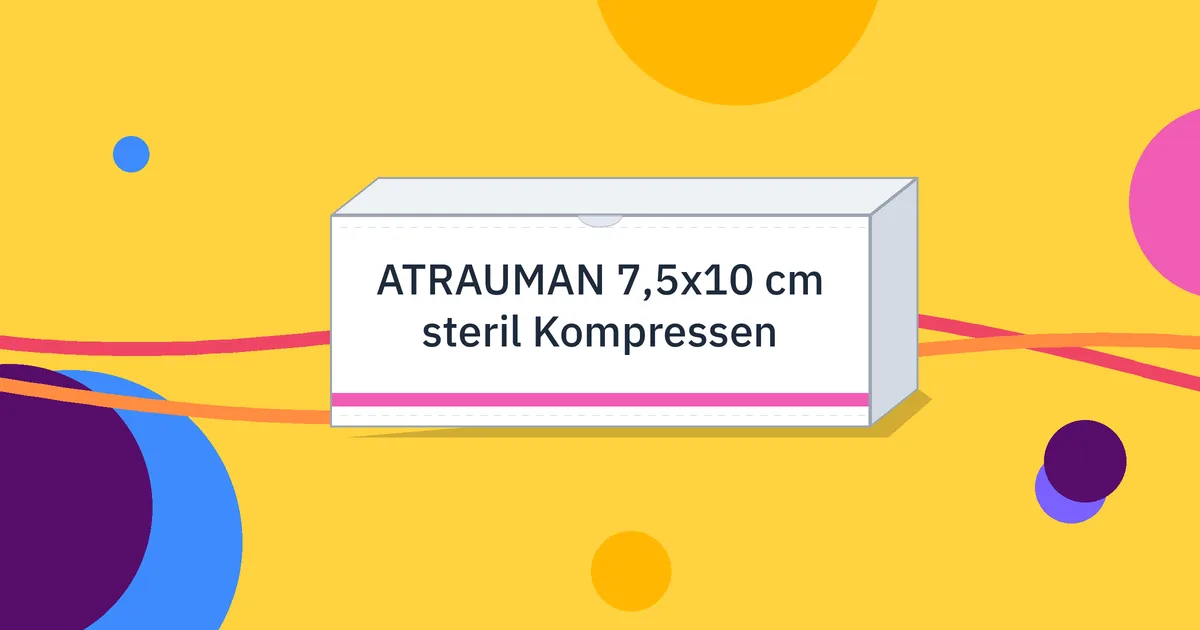 Symbolbild: Packung mit der Aufschrift ATRAUMAN 7,5x10 cm steril Kompressen (PZN 03829302) – Verfügbarkeit und Bezug in Apotheken in Frankfurt am Main
