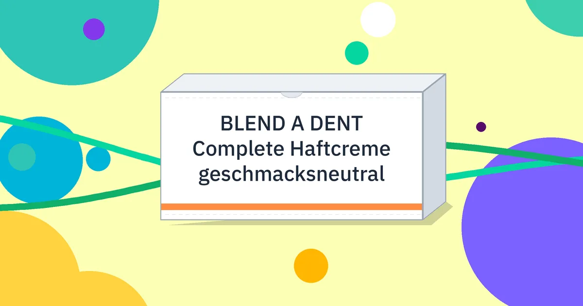 Symbolbild: Packung mit der Aufschrift BLEND A DENT Complete Haftcreme geschmacksneutral (PZN 19882066) – Verfügbarkeit und Bezug in Apotheken in Frankfurt am Main