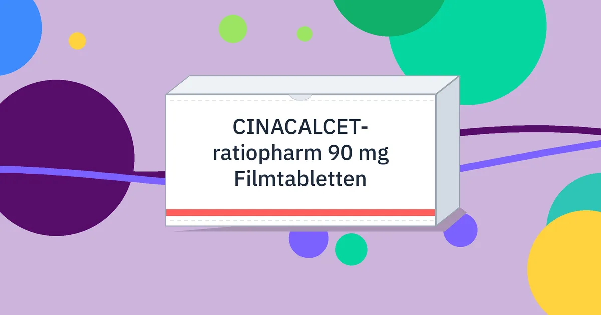 Symbolbild: Packung mit der Aufschrift CINACALCET-ratiopharm 90 mg Filmtabletten (PZN 16129983) – Verfügbarkeit und Bezug in Apotheken in Frankfurt am Main