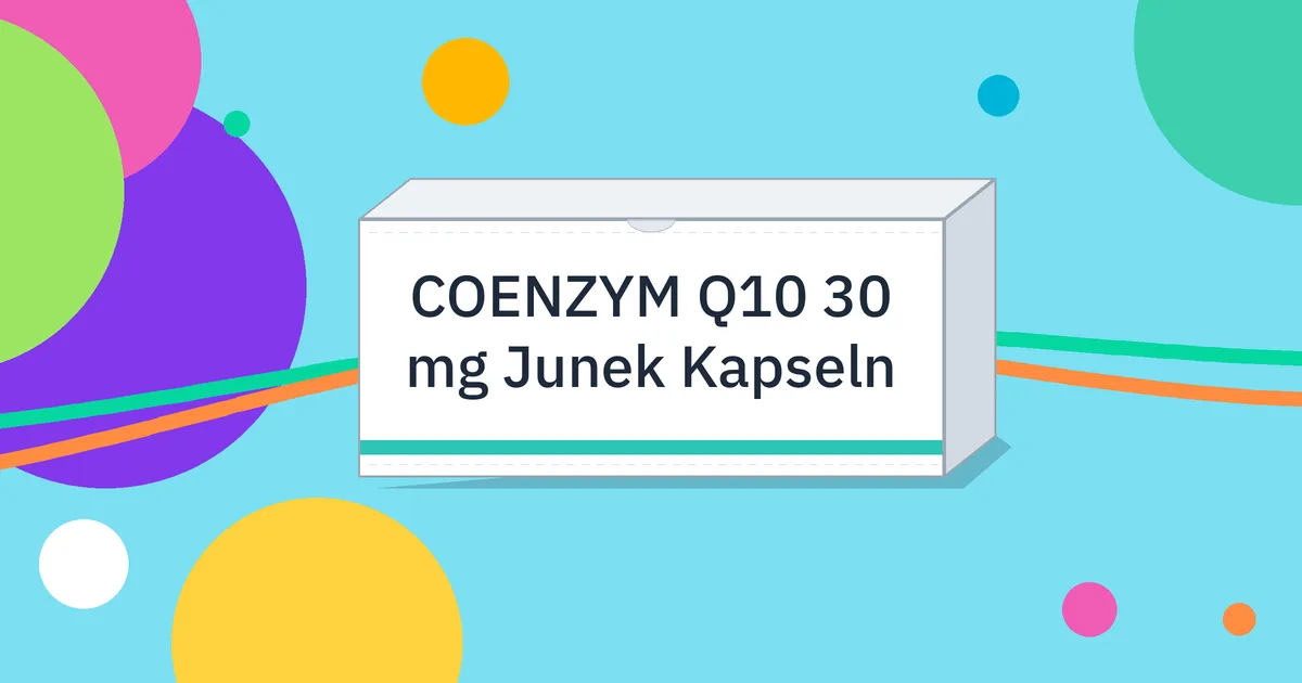 Symbolbild: Packung mit der Aufschrift COENZYM Q10 30 mg Junek Kapseln (PZN 09719885) – Verfügbarkeit und Bezug in Apotheken in Frankfurt am Main