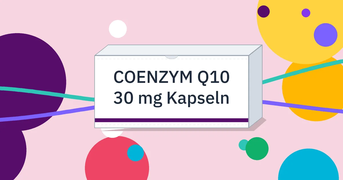 Symbolbild: Packung mit der Aufschrift COENZYM Q10 30 mg Kapseln (PZN 09607985) – Verfügbarkeit und Bezug in Apotheken in Frankfurt am Main
