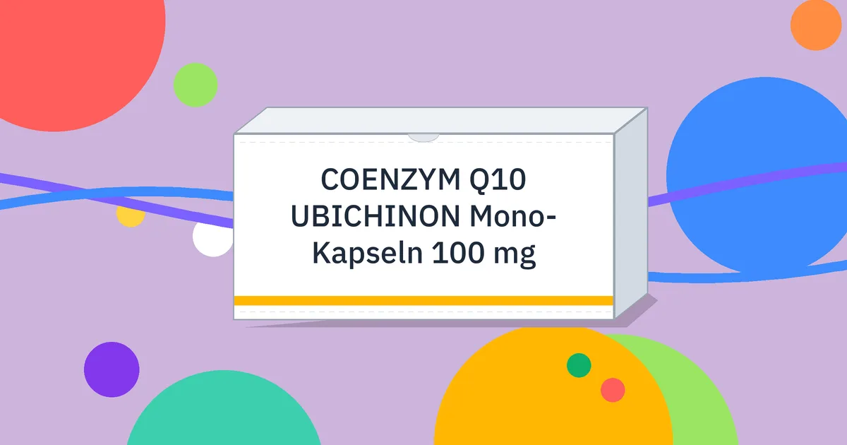 Symbolbild: Packung mit der Aufschrift COENZYM Q10 UBICHINON Mono-Kapseln 100 mg (PZN 10411879) – Verfügbarkeit und Bezug in Apotheken in Frankfurt am Main
