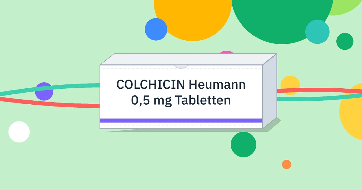 Symbolbild: Packung mit der Aufschrift COLCHICIN Heumann 0,5 mg Tabletten (PZN 19746469) – Verfügbarkeit und Bezug in Apotheken in Frankfurt am Main