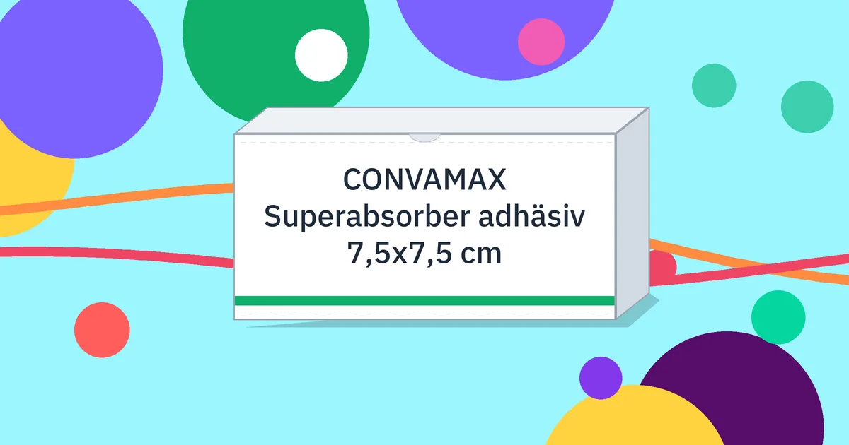 Symbolbild: Packung mit der Aufschrift CONVAMAX Superabsorber adhäsiv 7,5x7,5 cm (PZN 19299361) – Verfügbarkeit und Bezug in Apotheken in Frankfurt am Main