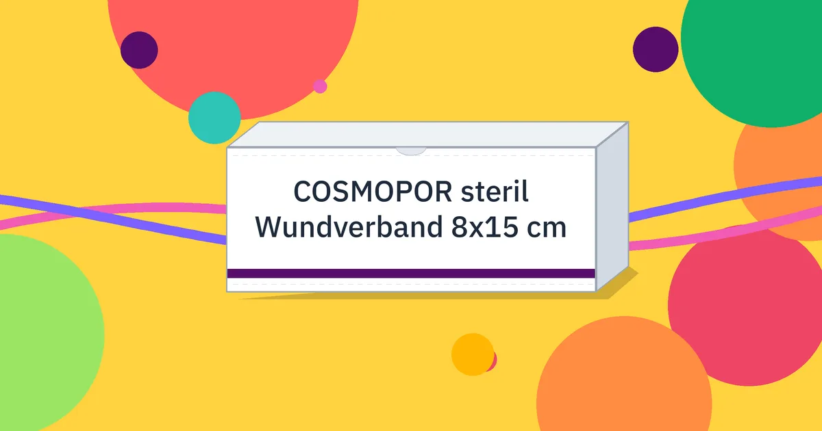 Symbolbild: Packung mit der Aufschrift COSMOPOR steril Wundverband 8x15 cm (PZN 09177668) – Verfügbarkeit und Bezug in Apotheken in Frankfurt am Main