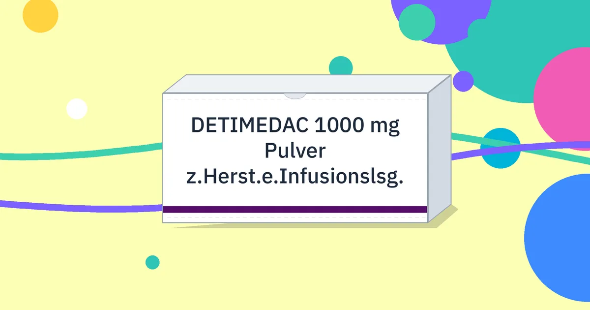 Symbolbild: Packung mit der Aufschrift DETIMEDAC 1000 mg Pulver z.Herst.e.Infusionslsg. (PZN 04939429) – Verfügbarkeit und Bezug in Apotheken in Frankfurt am Main