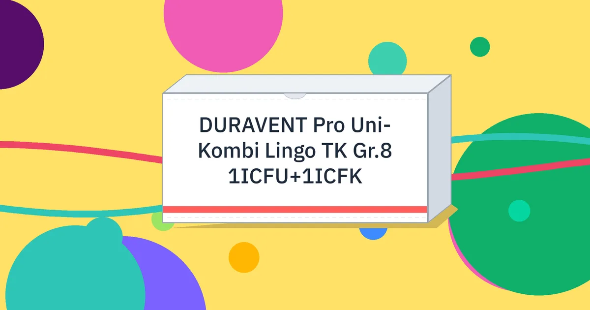 Symbolbild: Packung mit der Aufschrift DURAVENT Pro Uni-Kombi Lingo TK Gr.8 1ICFU+1ICFK (PZN 19242591) – Verfügbarkeit und Bezug in Apotheken in Frankfurt am Main