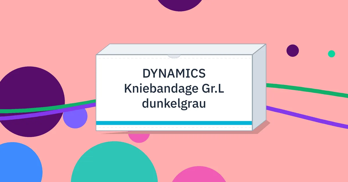 Symbolbild: Packung mit der Aufschrift DYNAMICS Kniebandage Gr.L dunkelgrau (PZN 10633657) – Verfügbarkeit und Bezug in Apotheken in Frankfurt am Main
