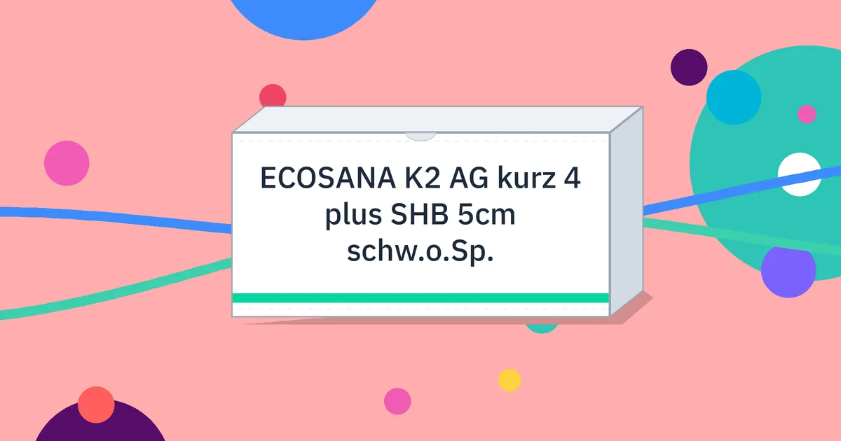 Symbolbild: Packung mit der Aufschrift ECOSANA K2 AG kurz 4 plus SHB 5cm schw.o.Sp. (PZN 01437615) – Verfügbarkeit und Bezug in Apotheken in Frankfurt am Main
