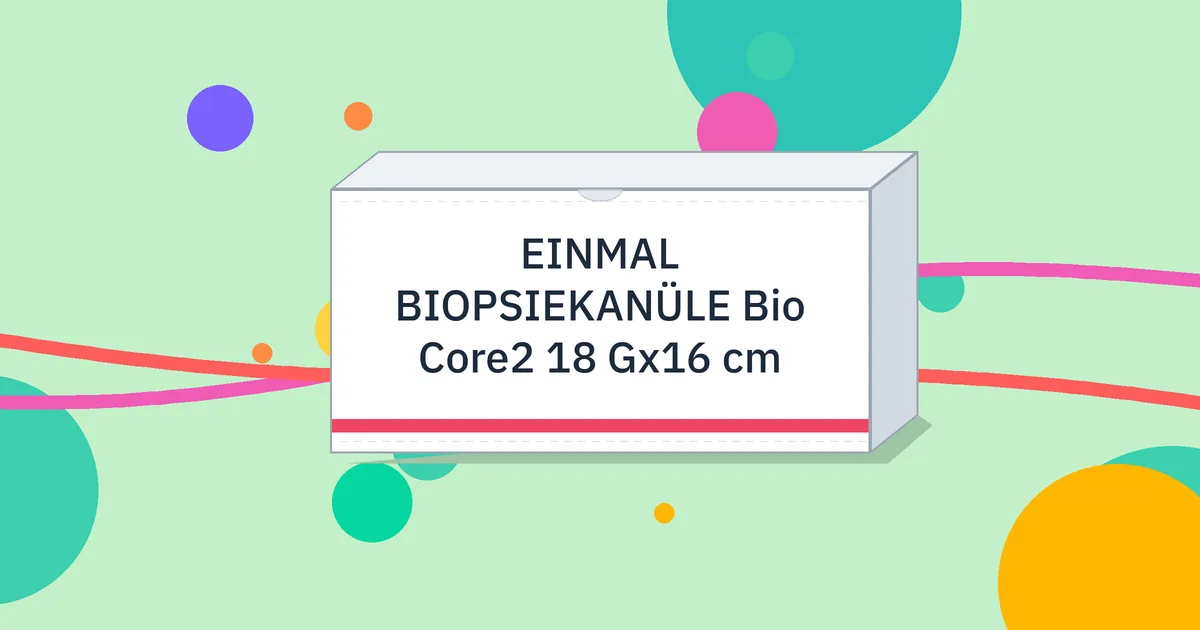 Symbolbild: Packung mit der Aufschrift EINMAL BIOPSIEKANÜLE Bio Core2 18 Gx16 cm (PZN 10184716) – Verfügbarkeit und Bezug in Apotheken in Frankfurt am Main