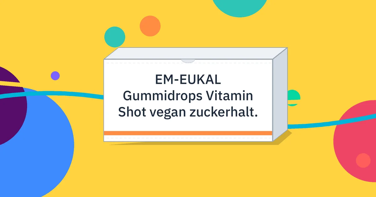 Symbolbild: Packung mit der Aufschrift EM-EUKAL Gummidrops Vitamin Shot vegan zuckerhalt. (PZN 19179622) – Verfügbarkeit und Bezug in Apotheken in Frankfurt am Main