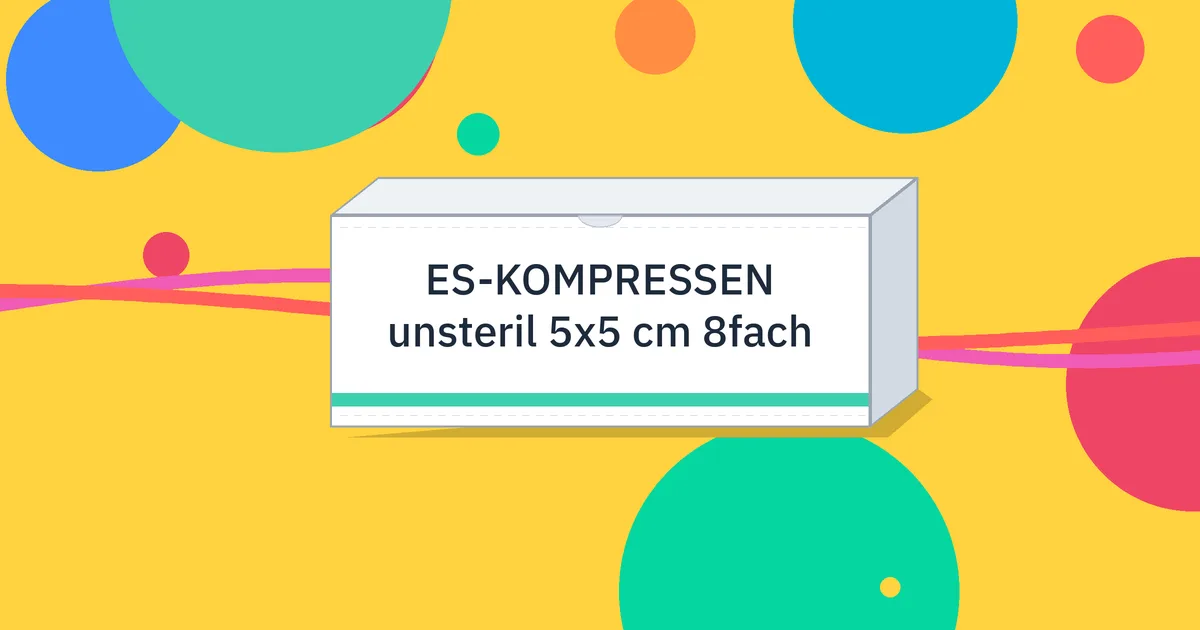 Symbolbild: Packung mit der Aufschrift ES-KOMPRESSEN unsteril 5x5 cm 8fach (PZN 18672906) – Verfügbarkeit und Bezug in Apotheken in Frankfurt am Main