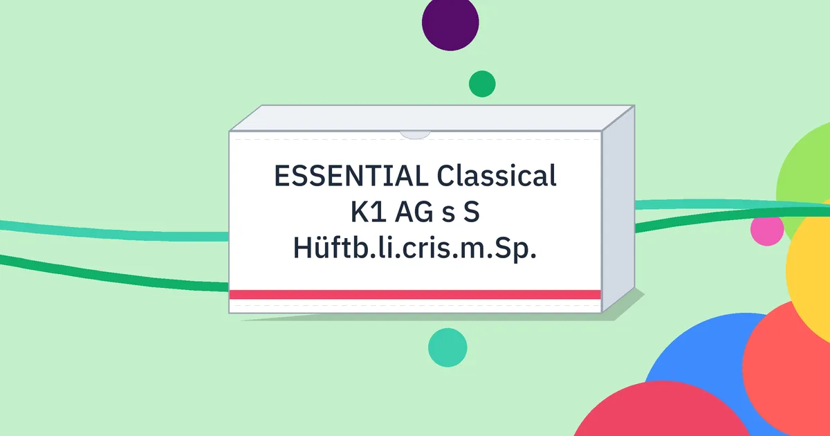 Symbolbild: Packung mit der Aufschrift ESSENTIAL Classical K1 AG s S Hüftb.li.cris.m.Sp. (PZN 17012088) – Verfügbarkeit und Bezug in Apotheken in Frankfurt am Main