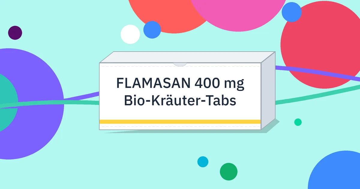 Symbolbild: Packung mit der Aufschrift FLAMASAN 400 mg Bio-Kräuter-Tabs (PZN 16898612) – Verfügbarkeit und Bezug in Apotheken in Frankfurt am Main