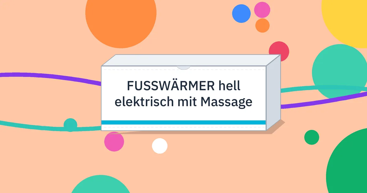 Symbolbild: Packung mit der Aufschrift FUSSWÄRMER hell elektrisch mit Massage (PZN 09750369) – Verfügbarkeit und Bezug in Apotheken in Frankfurt am Main