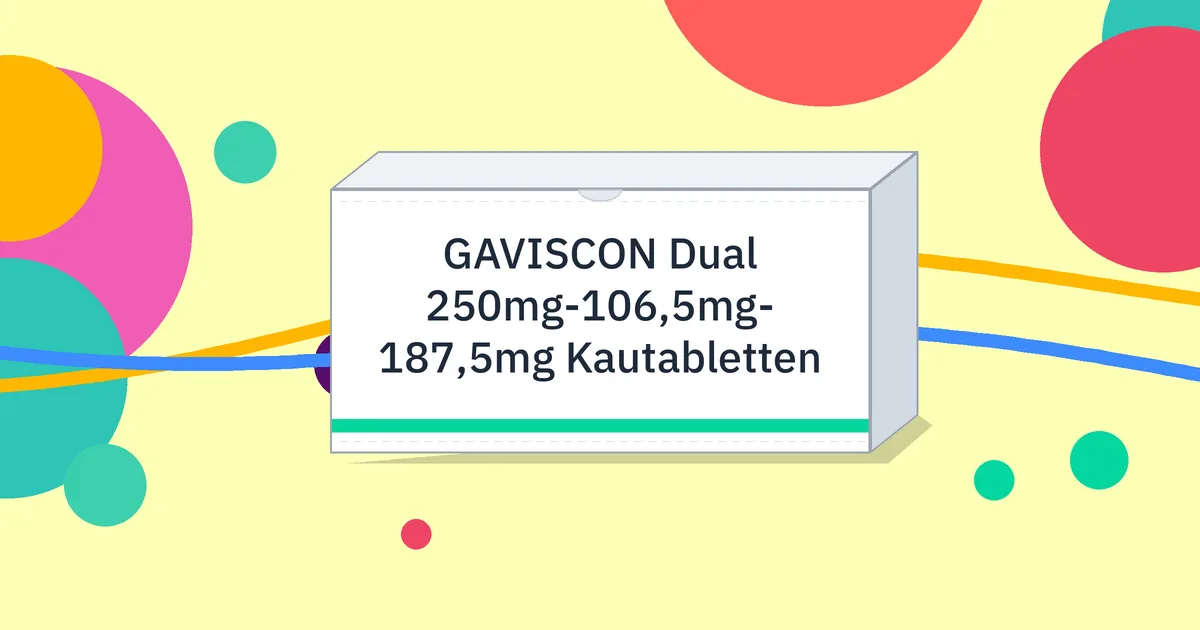 Symbolbild: Packung mit der Aufschrift GAVISCON Dual 250mg-106,5mg-187,5mg Kautabletten (PZN 15865585) – Verfügbarkeit und Bezug in Apotheken in Frankfurt am Main