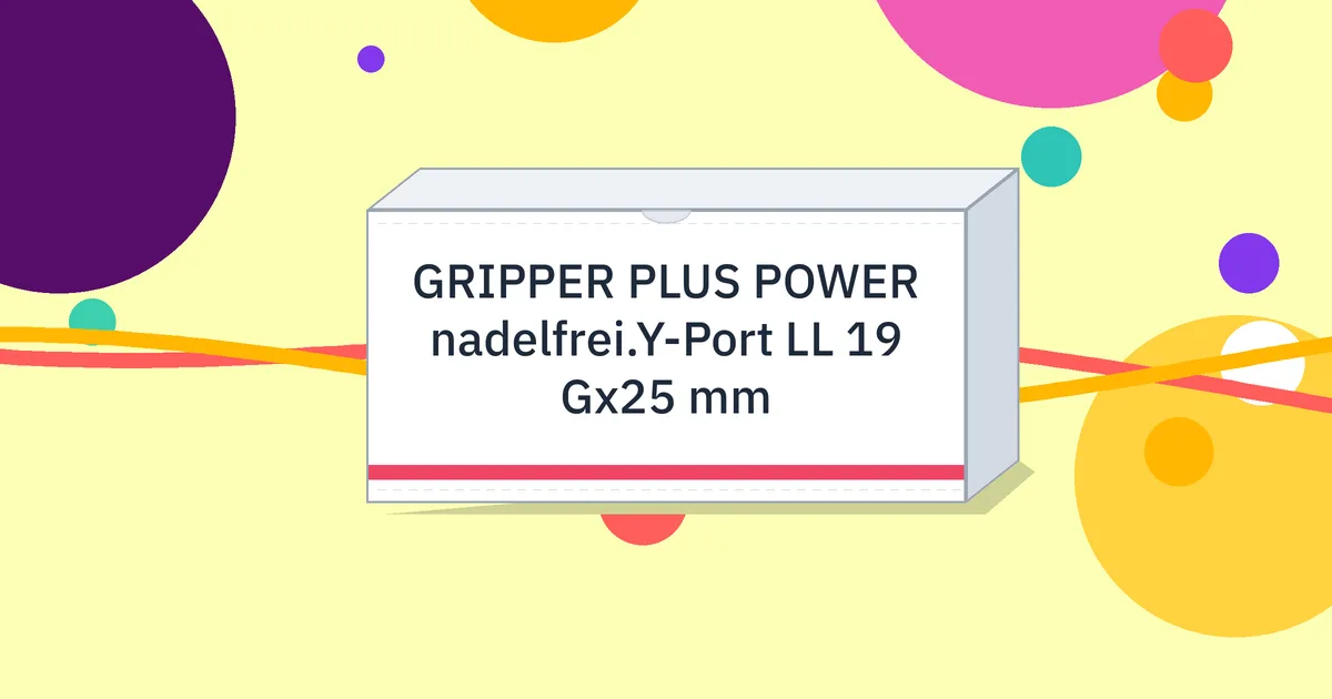 Symbolbild: Packung mit der Aufschrift GRIPPER PLUS POWER nadelfrei.Y-Port LL 19 Gx25 mm (PZN 09675834) – Verfügbarkeit und Bezug in Apotheken in Frankfurt am Main