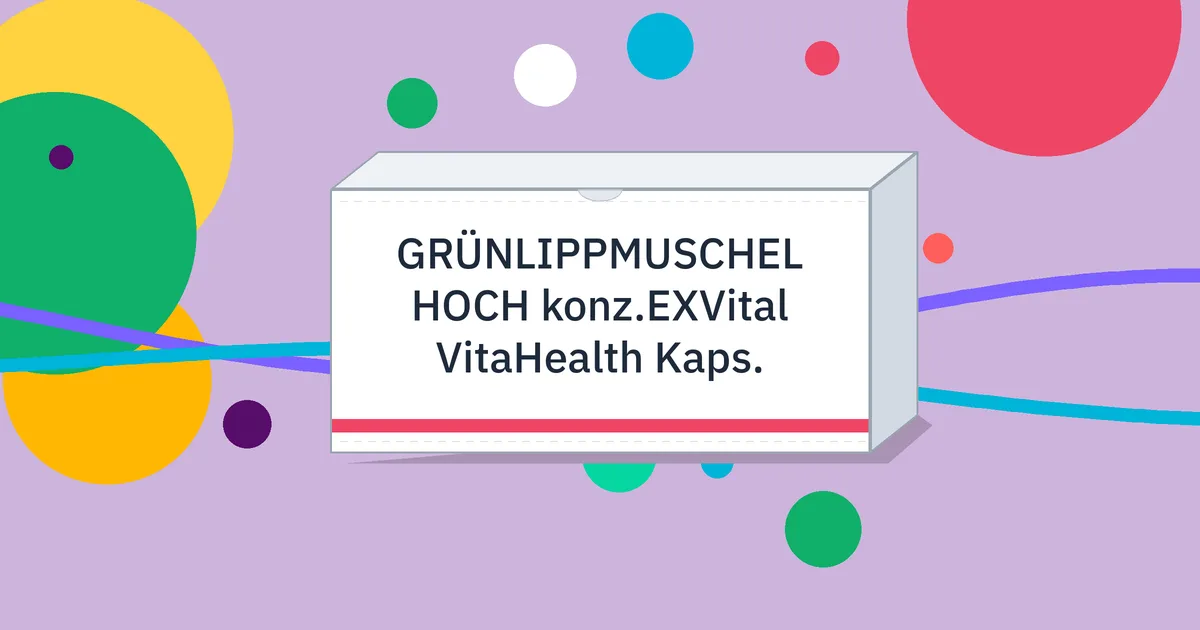 Symbolbild: Packung mit der Aufschrift GRÜNLIPPMUSCHEL HOCH konz.EXVital VitaHealth Kaps. (PZN 17997919) – Verfügbarkeit und Bezug in Apotheken in Frankfurt am Main