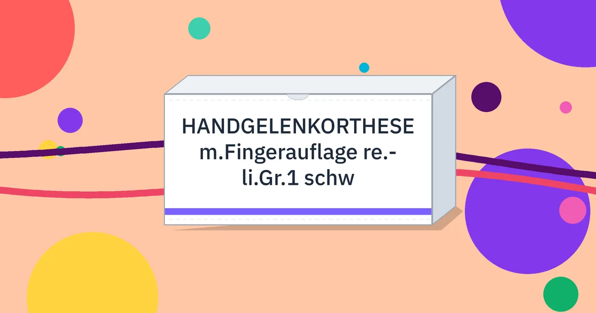 Symbolbild: Packung mit der Aufschrift HANDGELENKORTHESE m.Fingerauflage re.-li.Gr.1 schw (PZN 13827391) – Verfügbarkeit und Bezug in Apotheken in Frankfurt am Main
