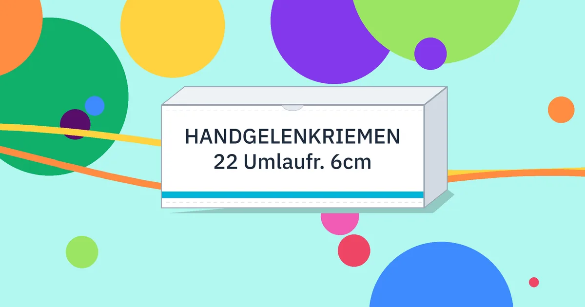 Symbolbild: Packung mit der Aufschrift HANDGELENKRIEMEN 22 Umlaufr. 6cm (PZN 01962712) – Verfügbarkeit und Bezug in Apotheken in Frankfurt am Main