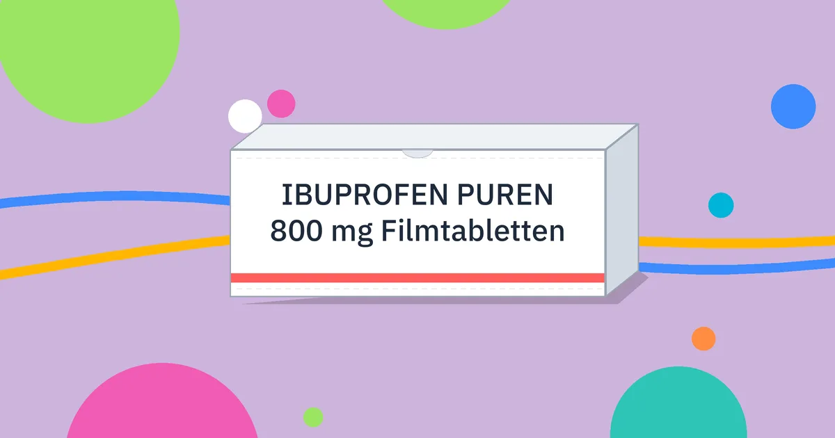 Symbolbild: Packung mit der Aufschrift IBUPROFEN PUREN 800 mg Filmtabletten (PZN 13816625) – Verfügbarkeit und Bezug in Apotheken in Frankfurt am Main