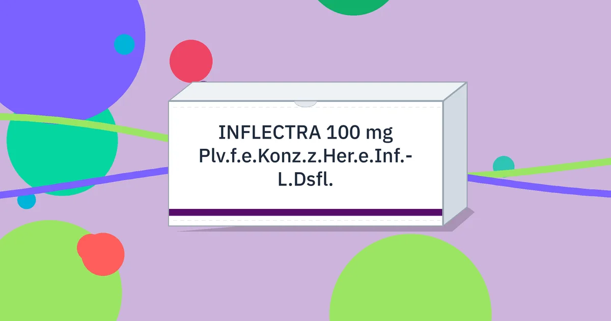 Symbolbild: Packung mit der Aufschrift INFLECTRA 100 mg Plv.f.e.Konz.z.Her.e.Inf.-L.Dsfl. (PZN 10315756) – Verfügbarkeit und Bezug in Apotheken in Frankfurt am Main