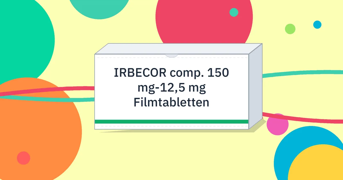 Symbolbild: Packung mit der Aufschrift IRBECOR comp. 150 mg-12,5 mg Filmtabletten (PZN 09765052) – Verfügbarkeit und Bezug in Apotheken in Frankfurt am Main