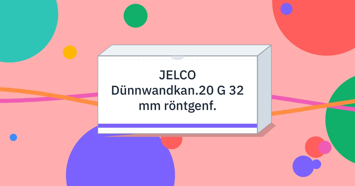 Symbolbild: Packung mit der Aufschrift JELCO Dünnwandkan.20 G 32 mm röntgenf. (PZN 00913634) – Verfügbarkeit und Bezug in Apotheken in Frankfurt am Main