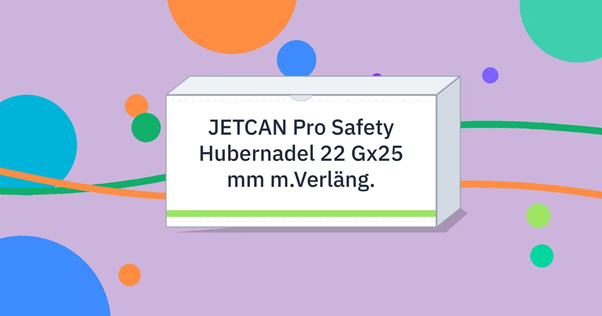 Symbolbild: Packung mit der Aufschrift JETCAN Pro Safety Hubernadel 22 Gx25 mm m.Verläng. (PZN 19238649) – Verfügbarkeit und Bezug in Apotheken in Frankfurt am Main