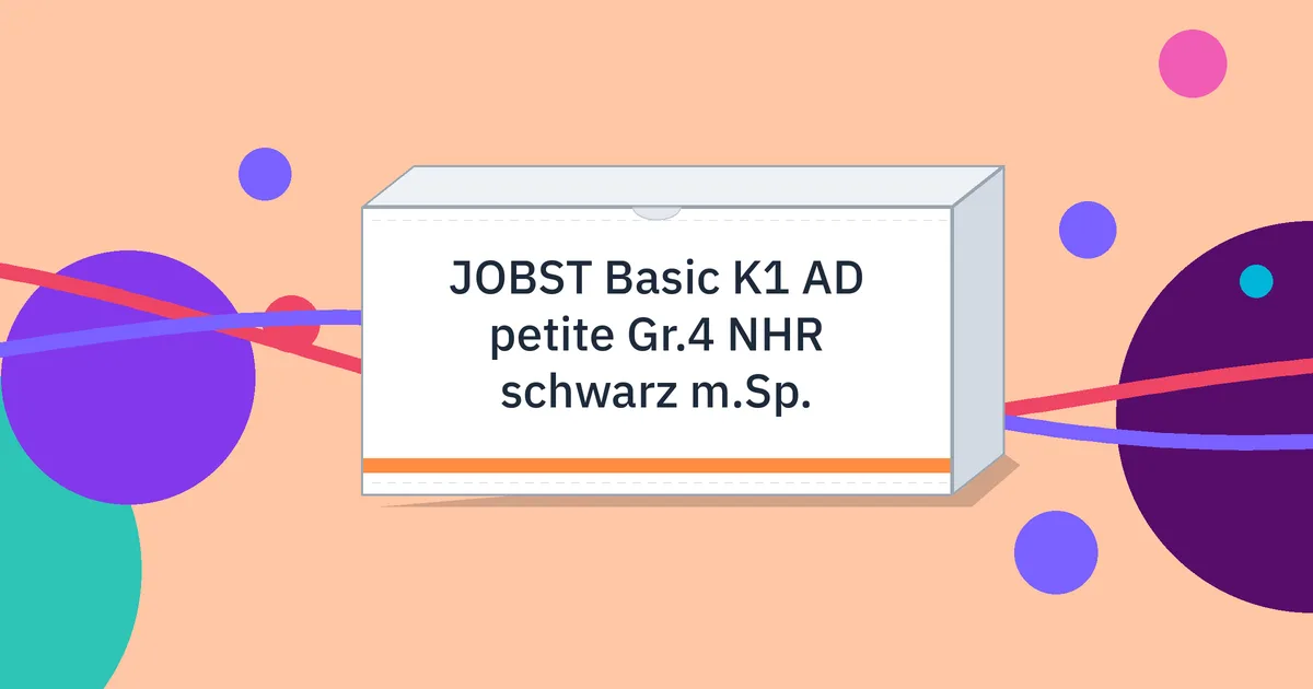 Symbolbild: Packung mit der Aufschrift JOBST Basic K1 AD petite Gr.4 NHR schwarz m.Sp. (PZN 15313590) – Verfügbarkeit und Bezug in Apotheken in Frankfurt am Main