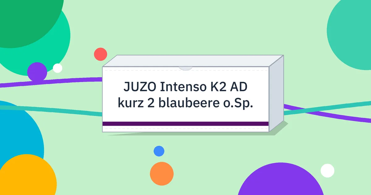 Symbolbild: Packung mit der Aufschrift JUZO Intenso K2 AD kurz 2 blaubeere o.Sp. (PZN 18618077) – Verfügbarkeit und Bezug in Apotheken in Frankfurt am Main