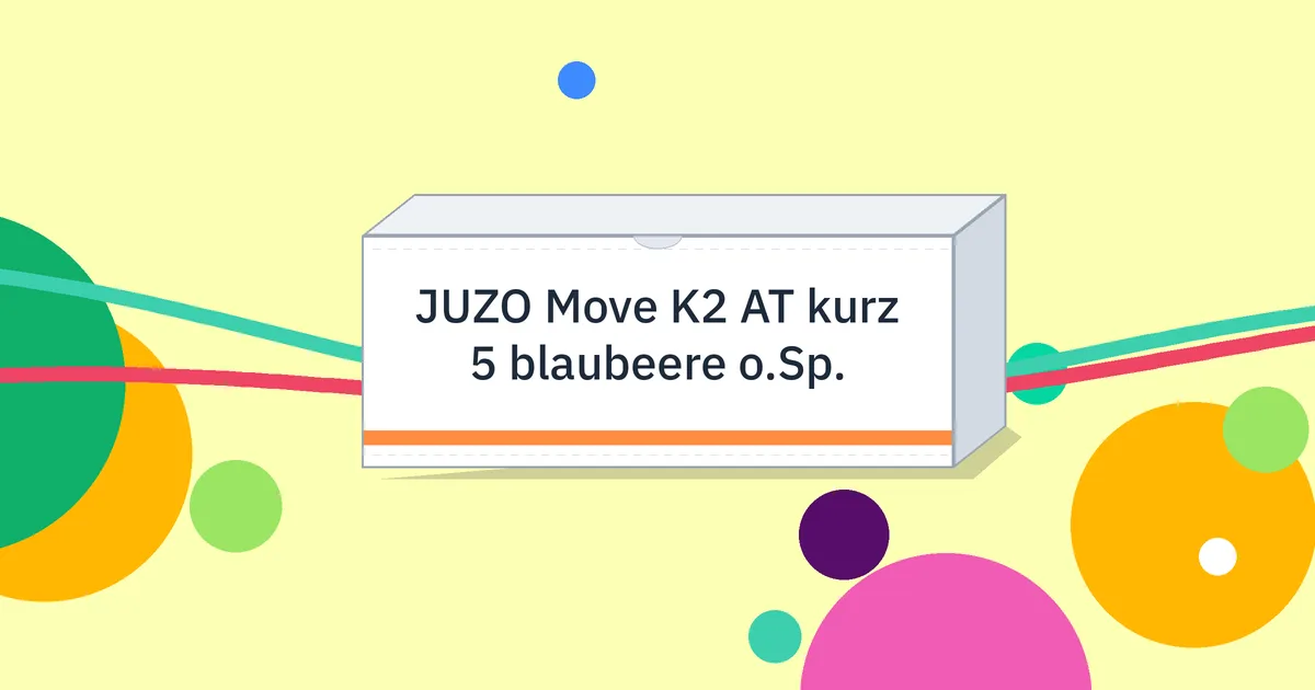 Symbolbild: Packung mit der Aufschrift JUZO Move K2 AT kurz 5 blaubeere o.Sp. (PZN 20675473) – Verfügbarkeit und Bezug in Apotheken in Frankfurt am Main