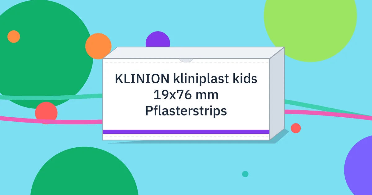 Symbolbild: Packung mit der Aufschrift KLINION kliniplast kids 19x76 mm Pflasterstrips (PZN 19808756) – Verfügbarkeit und Bezug in Apotheken in Frankfurt am Main