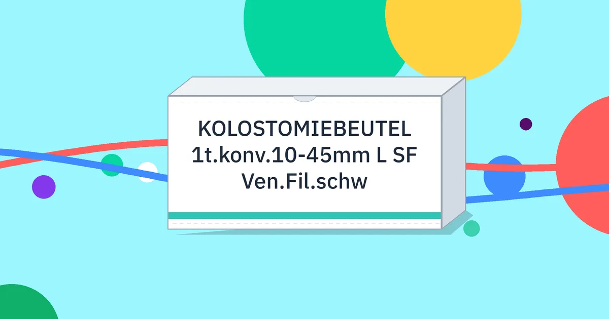 Symbolbild: Packung mit der Aufschrift KOLOSTOMIEBEUTEL 1t.konv.10-45mm L SF Ven.Fil.schw (PZN 18423971) – Verfügbarkeit und Bezug in Apotheken in Frankfurt am Main