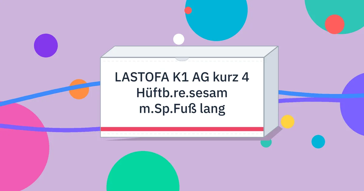 Symbolbild: Packung mit der Aufschrift LASTOFA K1 AG kurz 4 Hüftb.re.sesam m.Sp.Fuß lang (PZN 13798531) – Verfügbarkeit und Bezug in Apotheken in Frankfurt am Main