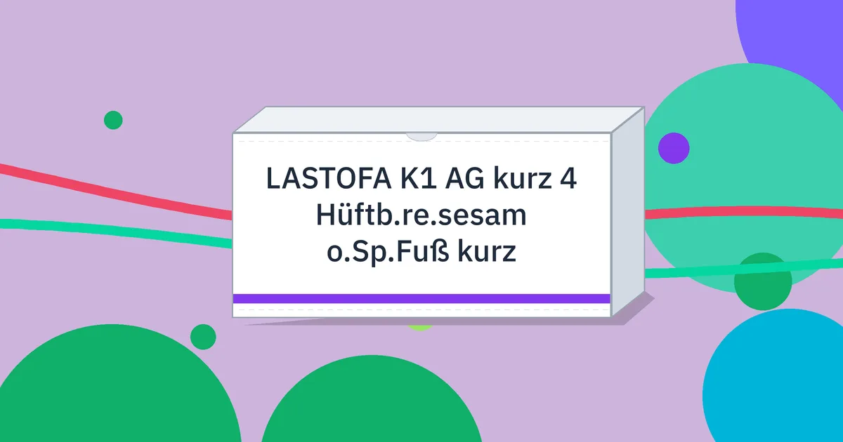 Symbolbild: Packung mit der Aufschrift LASTOFA K1 AG kurz 4 Hüftb.re.sesam o.Sp.Fuß kurz (PZN 13798548) – Verfügbarkeit und Bezug in Apotheken in Frankfurt am Main