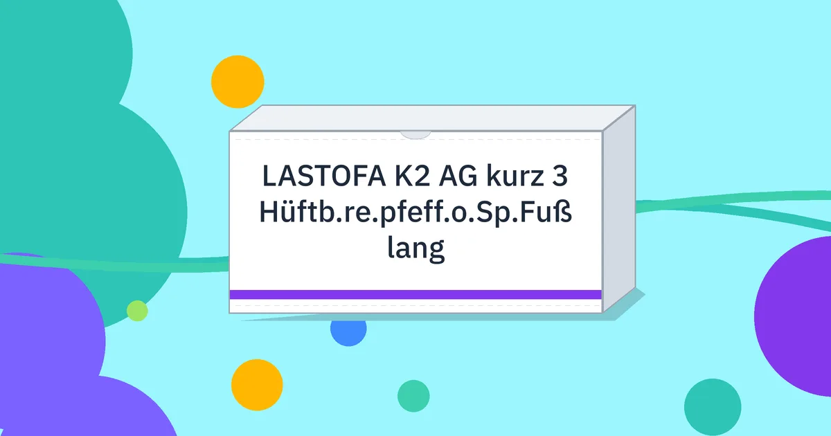 Symbolbild: Packung mit der Aufschrift LASTOFA K2 AG kurz 3 Hüftb.re.pfeff.o.Sp.Fuß lang (PZN 14152392) – Verfügbarkeit und Bezug in Apotheken in Frankfurt am Main