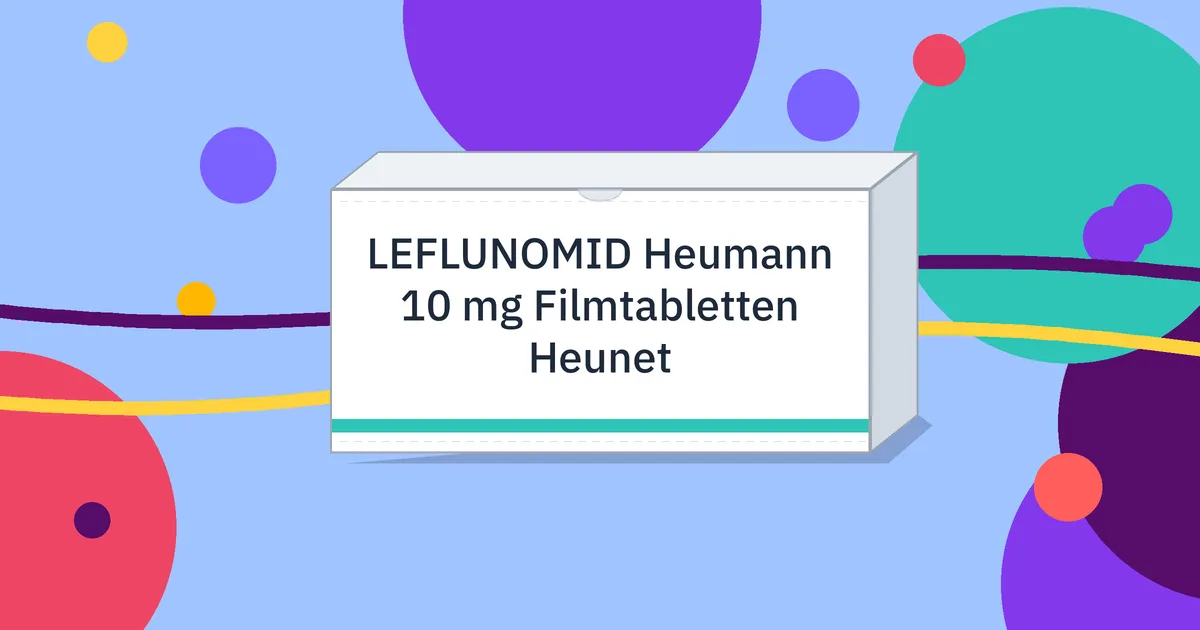 Symbolbild: Packung mit der Aufschrift LEFLUNOMID Heumann 10 mg Filmtabletten Heunet (PZN 16196689) – Verfügbarkeit und Bezug in Apotheken in Frankfurt am Main