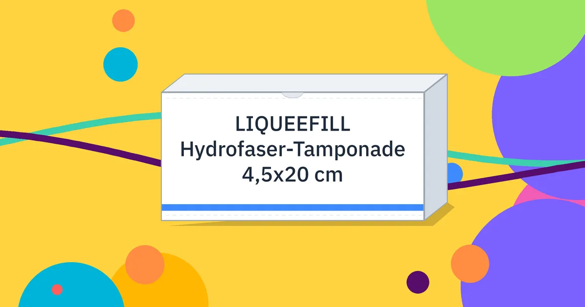 Symbolbild: Packung mit der Aufschrift LIQUEEFILL Hydrofaser-Tamponade 4,5x20 cm (PZN 18769103) – Verfügbarkeit und Bezug in Apotheken in Frankfurt am Main