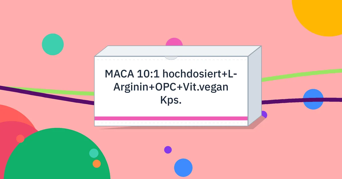 Symbolbild: Packung mit der Aufschrift MACA 10:1 hochdosiert+L-Arginin+OPC+Vit.vegan Kps. (PZN 13815330) – Verfügbarkeit und Bezug in Apotheken in Frankfurt am Main