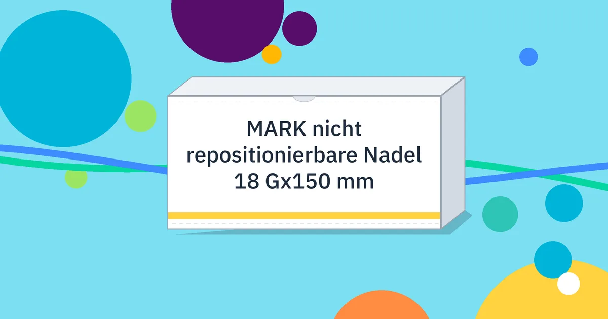 Symbolbild: Packung mit der Aufschrift MARK nicht repositionierbare Nadel 18 Gx150 mm (PZN 19736560) – Verfügbarkeit und Bezug in Apotheken in Frankfurt am Main