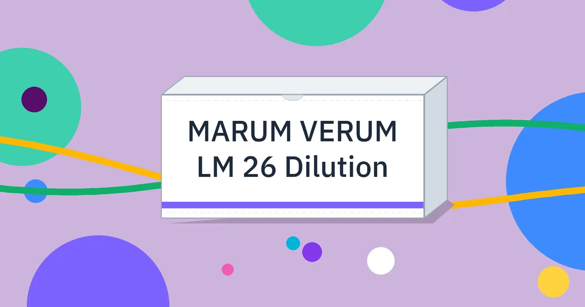 Symbolbild: Packung mit der Aufschrift MARUM VERUM LM 26 Dilution (PZN 12946656) – Verfügbarkeit und Bezug in Apotheken in Frankfurt am Main