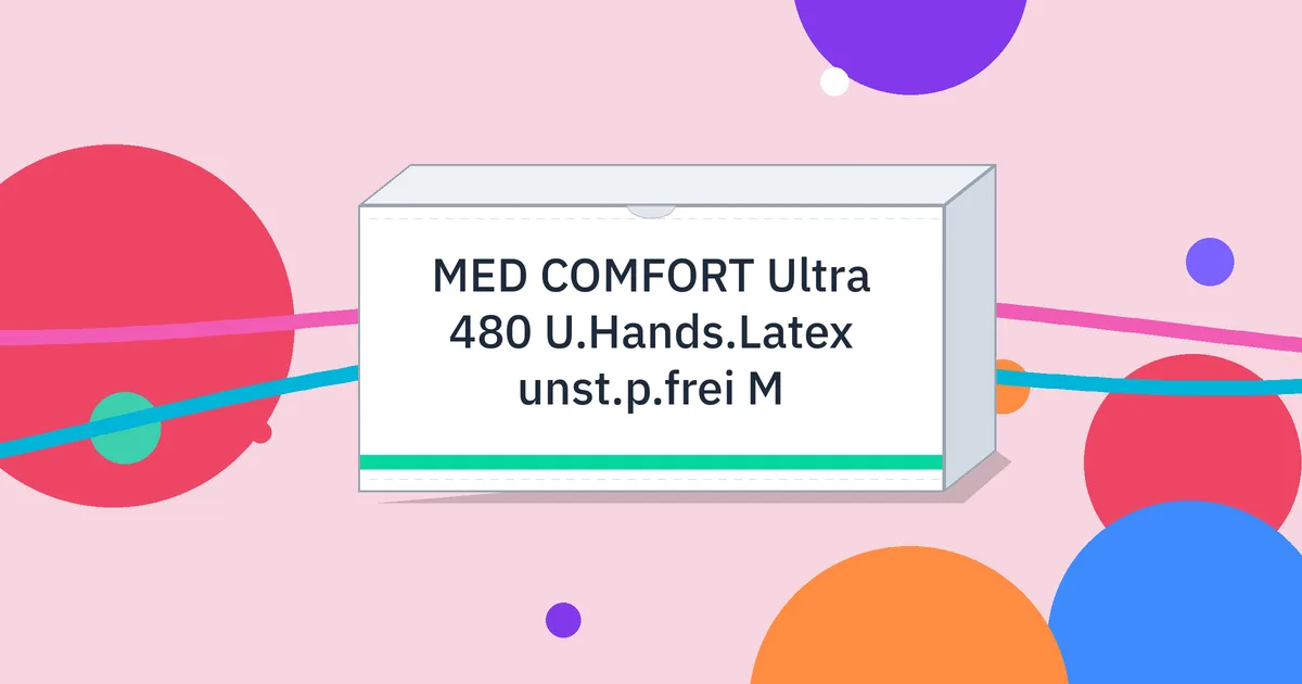 Symbolbild: Packung mit der Aufschrift MED COMFORT Ultra 480 U.Hands.Latex unst.p.frei M (PZN 15861506) – Verfügbarkeit und Bezug in Apotheken in Frankfurt am Main