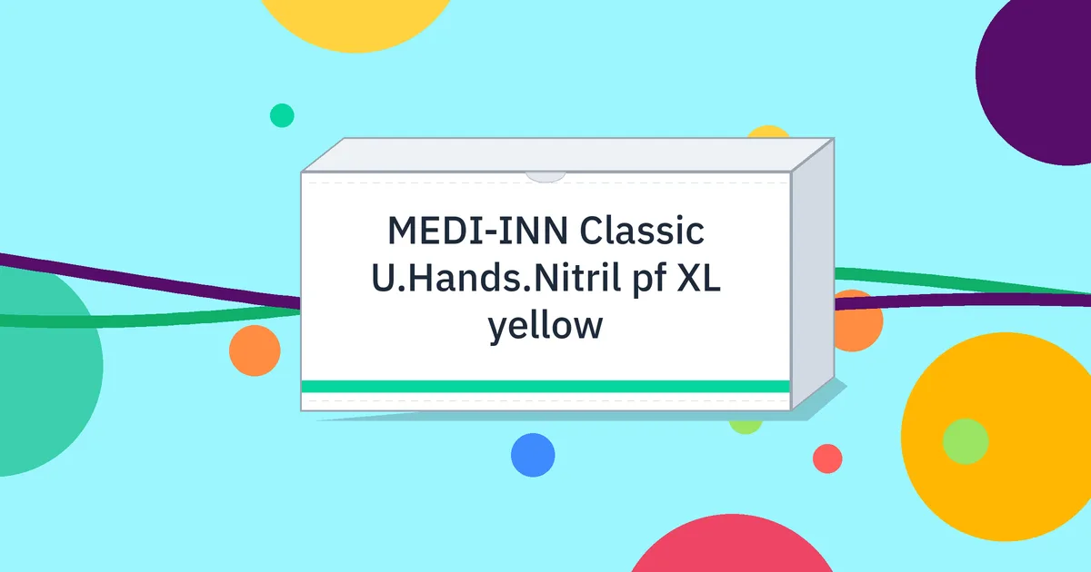 Symbolbild: Packung mit der Aufschrift MEDI-INN Classic U.Hands.Nitril pf XL yellow (PZN 18445530) – Verfügbarkeit und Bezug in Apotheken in Frankfurt am Main