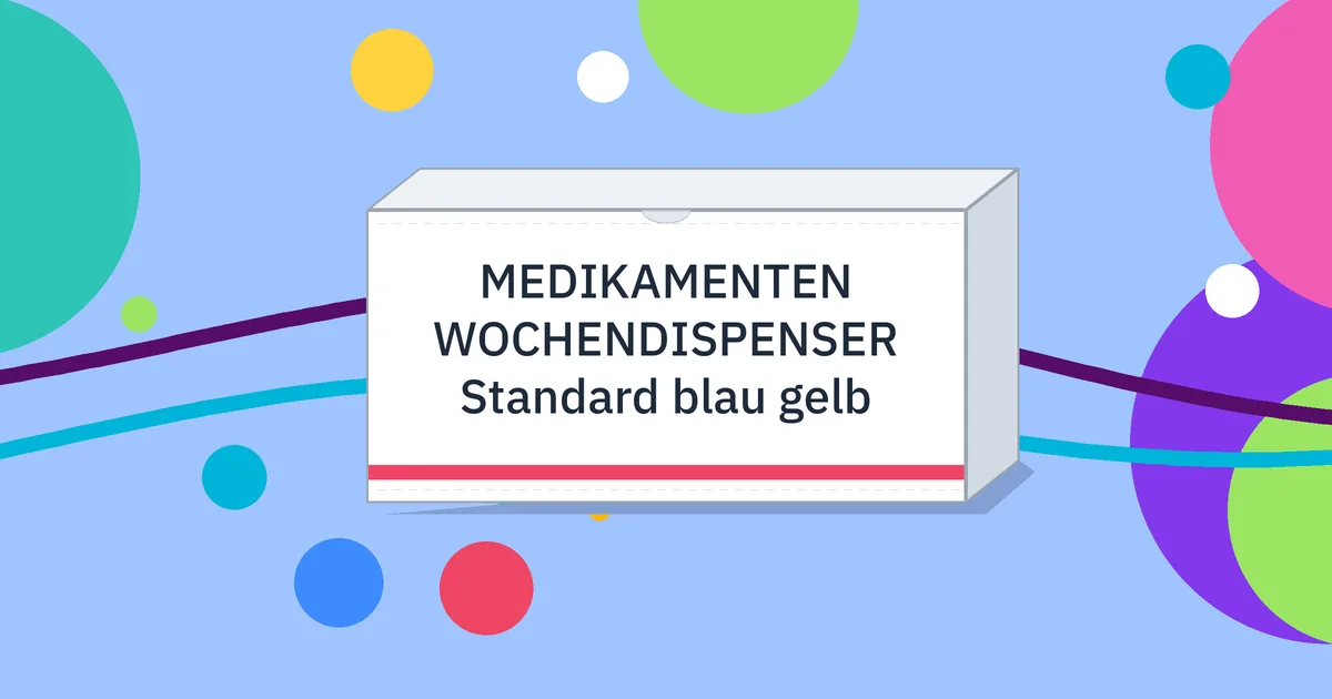 Symbolbild: Packung mit der Aufschrift MEDIKAMENTEN WOCHENDISPENSER Standard blau gelb (PZN 09254334) – Verfügbarkeit und Bezug in Apotheken in Frankfurt am Main
