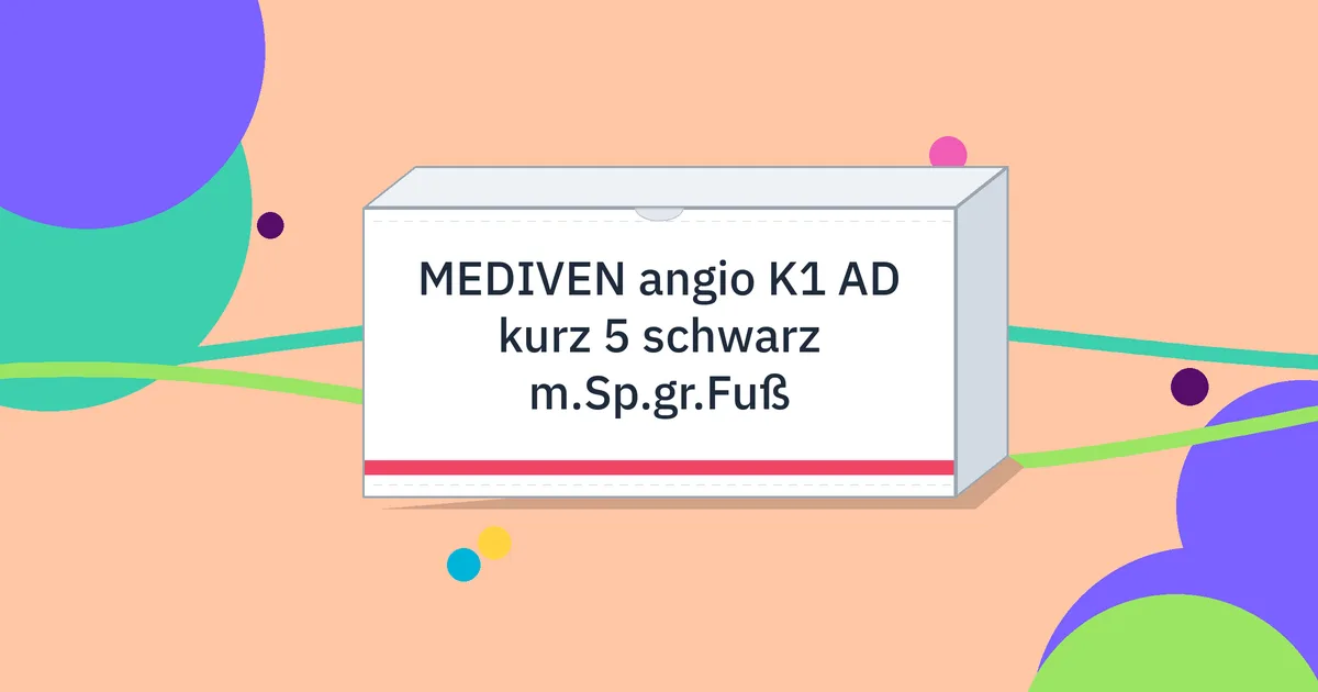 Symbolbild: Packung mit der Aufschrift MEDIVEN angio K1 AD kurz 5 schwarz m.Sp.gr.Fuß (PZN 17210569) – Verfügbarkeit und Bezug in Apotheken in Frankfurt am Main