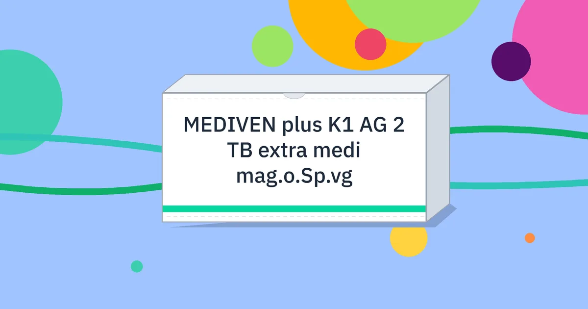 Symbolbild: Packung mit der Aufschrift MEDIVEN plus K1 AG 2 TB extra medi mag.o.Sp.vg (PZN 15062863) – Verfügbarkeit und Bezug in Apotheken in Frankfurt am Main