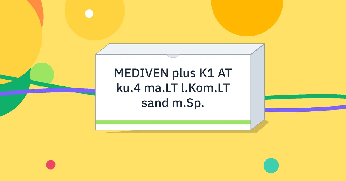 Symbolbild: Packung mit der Aufschrift MEDIVEN plus K1 AT ku.4 ma.LT l.Kom.LT sand m.Sp. (PZN 18943831) – Verfügbarkeit und Bezug in Apotheken in Frankfurt am Main
